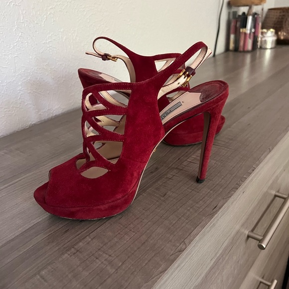Prada | Shoes | Prada Burgundy Red Suede Caged Sling Back Platform Peep ...